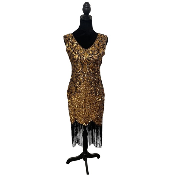 Dresses | Sparkling Gold Black Sequin Fringe Flapper Dress Gatsby ...